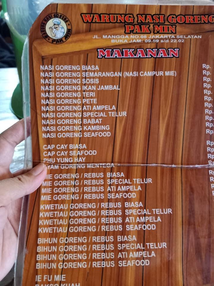 Menu at Nasi Goreng Pak Min restaurant, South Jakarta, Jl. Mangga No.8