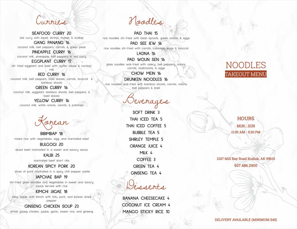 Menu at Noodles restaurant, Kodiak