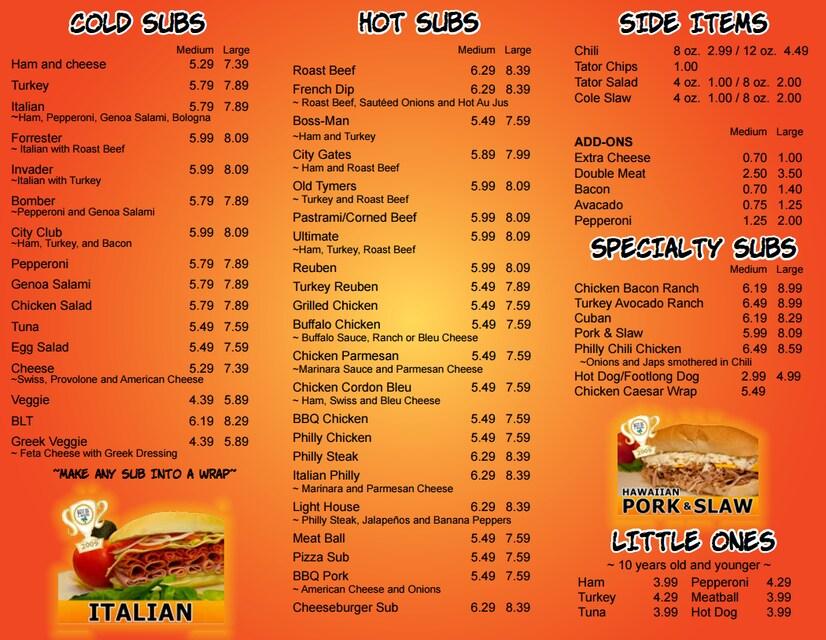Menu at Old City Subs restaurant, St. Augustine, US-1