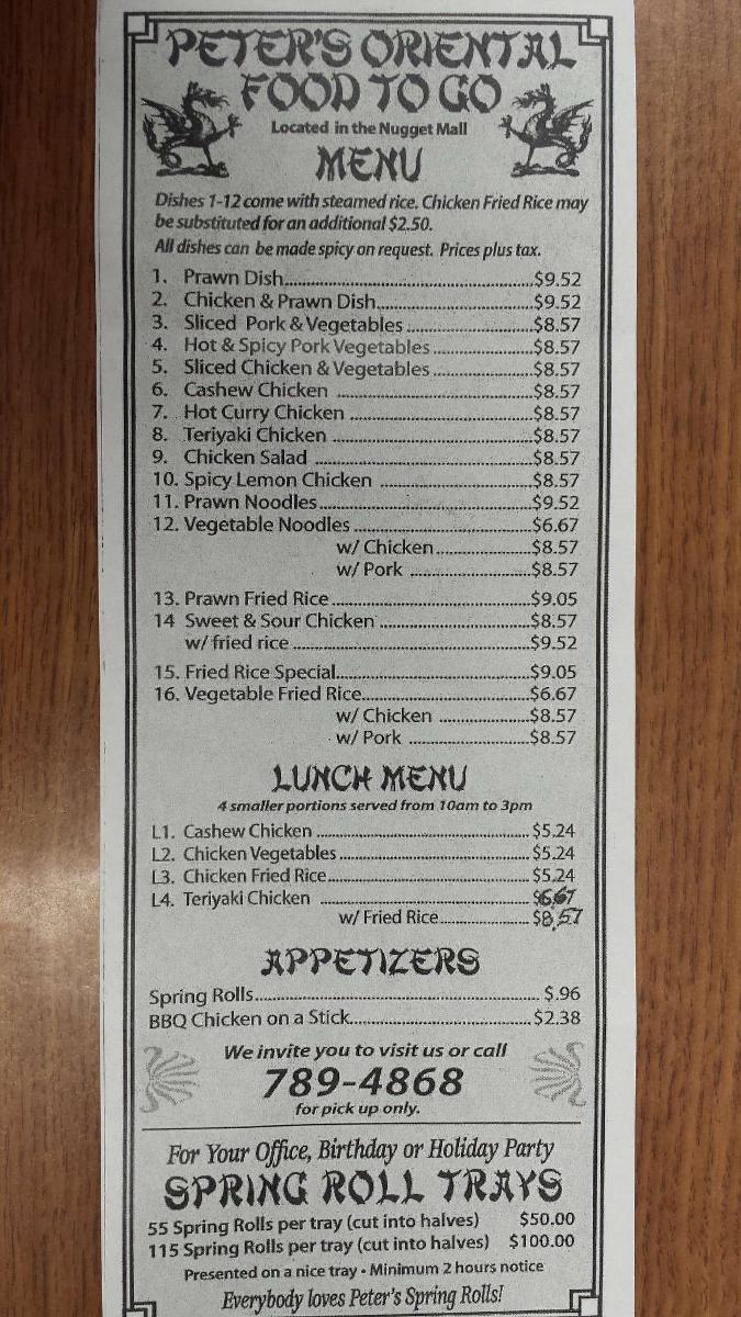 Menu at Peter's Oriental Food fast food, Juneau