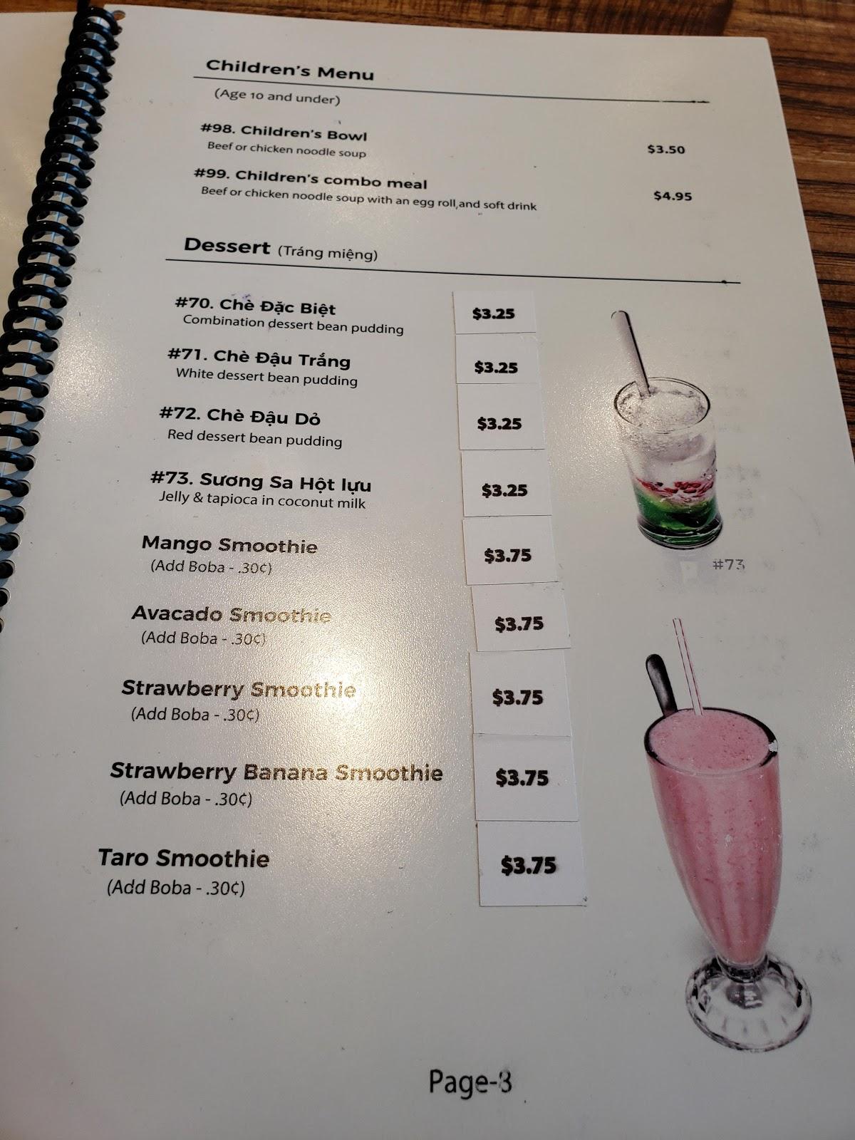 Menu at Pho Saigon restaurant, Pearland