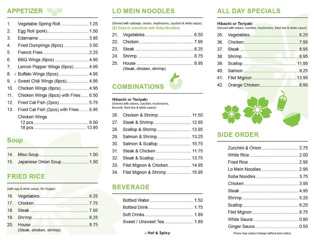 Menu at Sakura Grill restaurant, Mebane