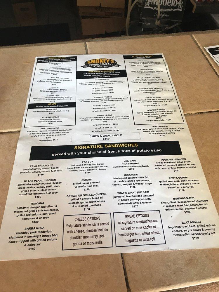 Menu at Smokey’s Curing Company & Cantina pub & bar, Los Barriles