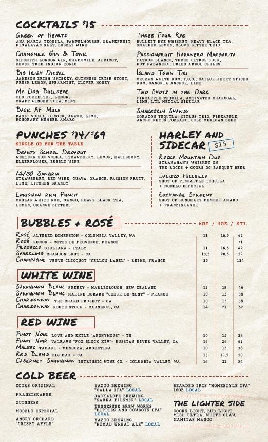 Menu at The Twelve Thirty Club, Nashville, 550 Broadway