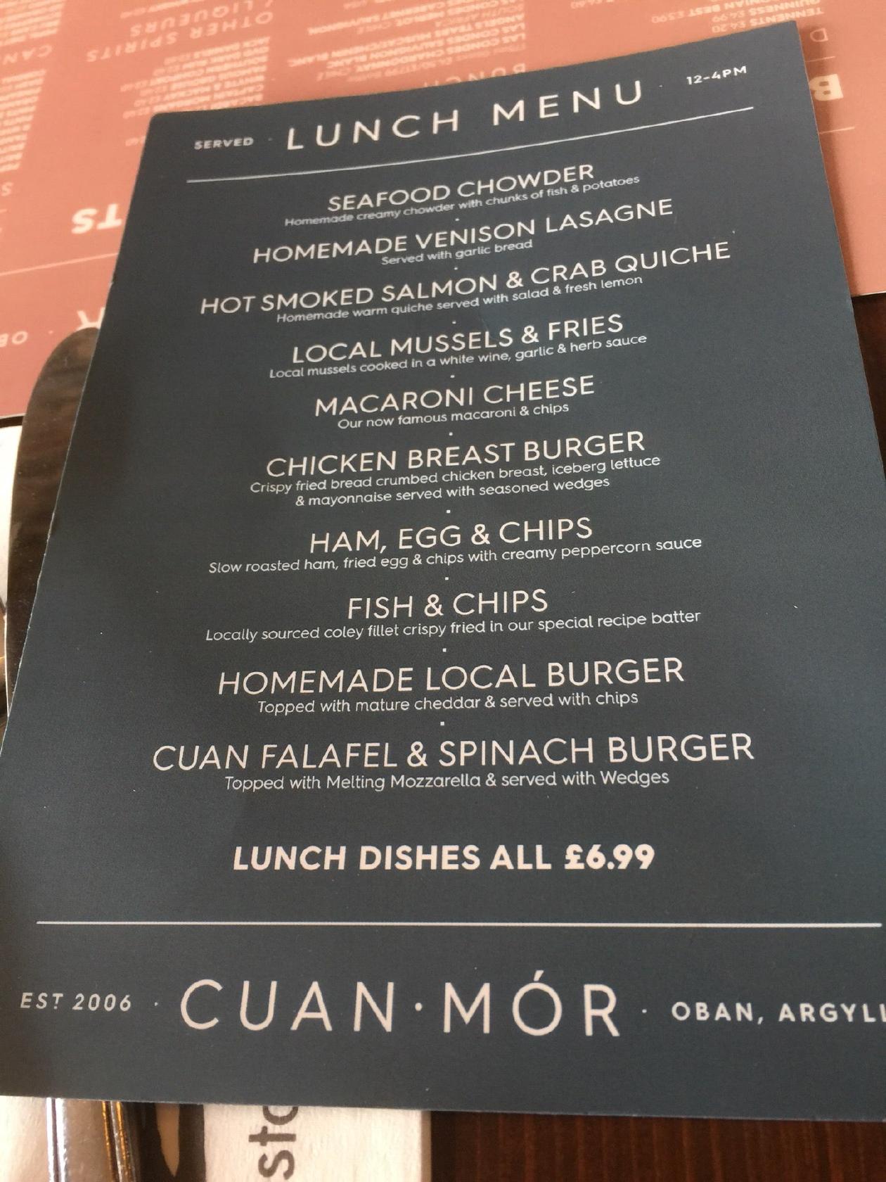 Menu at Cuan Mor restaurant, Oban