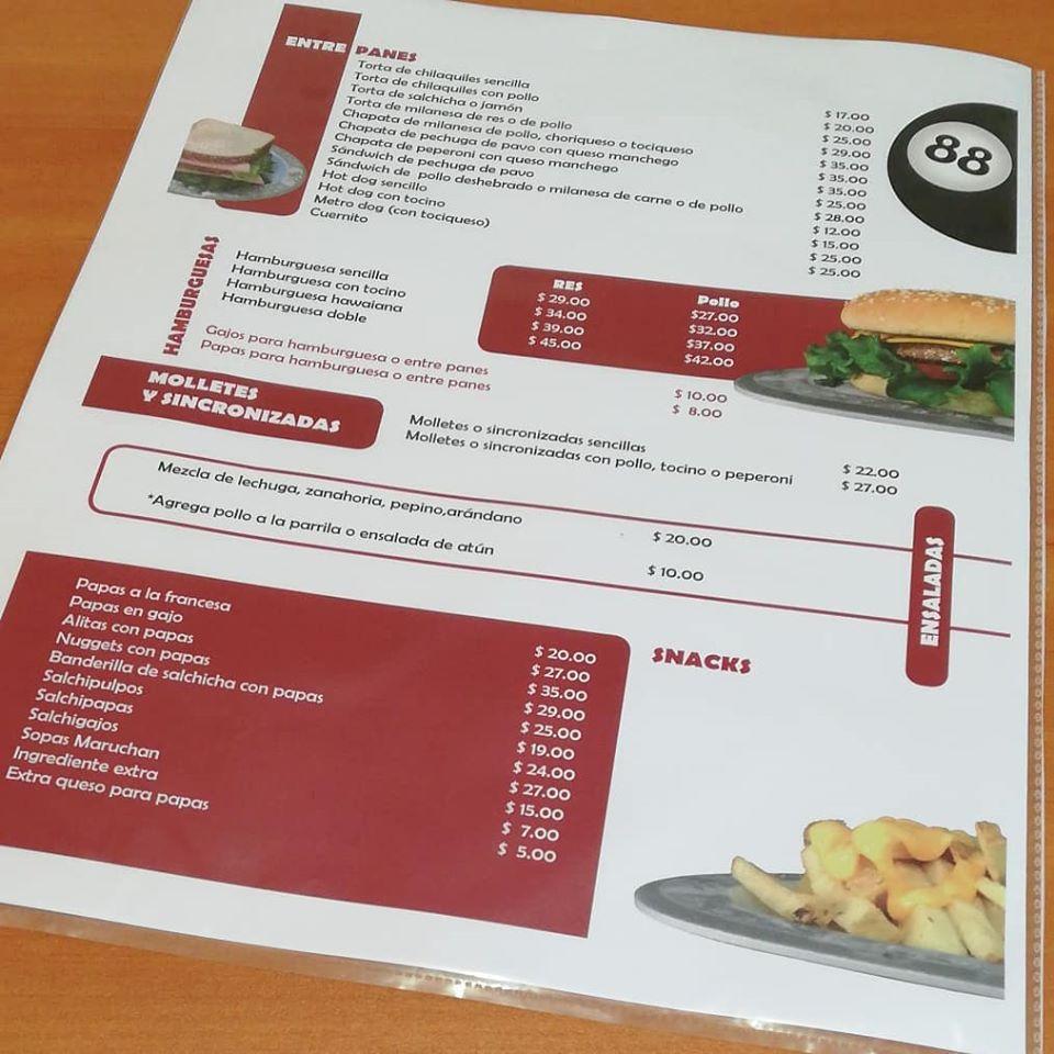 Menu at El 88 restaurant, Mexico City