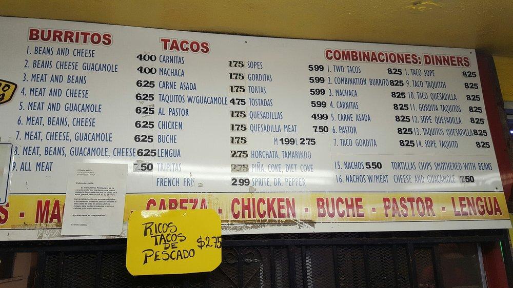 Menu at El Indio Azteca restaurant, Los Angeles, Roscoe Blvd #4240