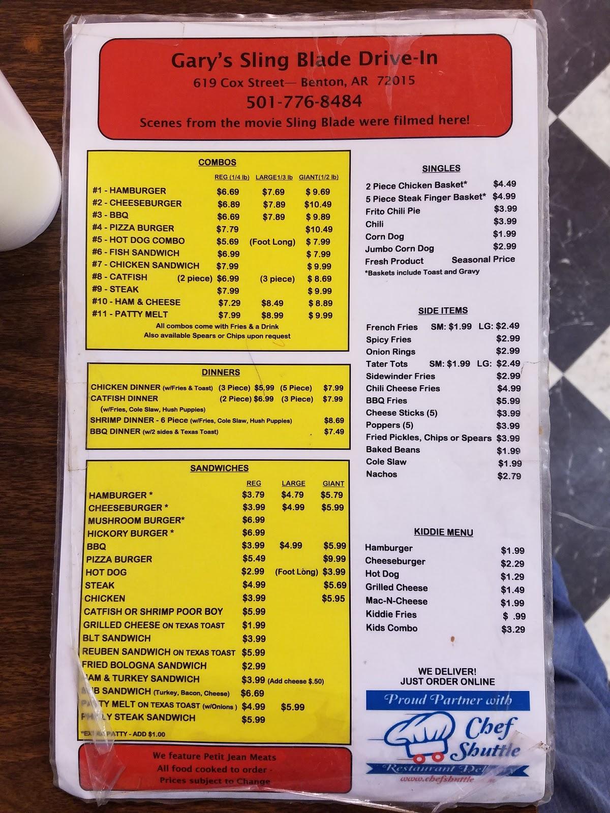 Menu at Garry's Slingblade Drive In BBQ, Benton