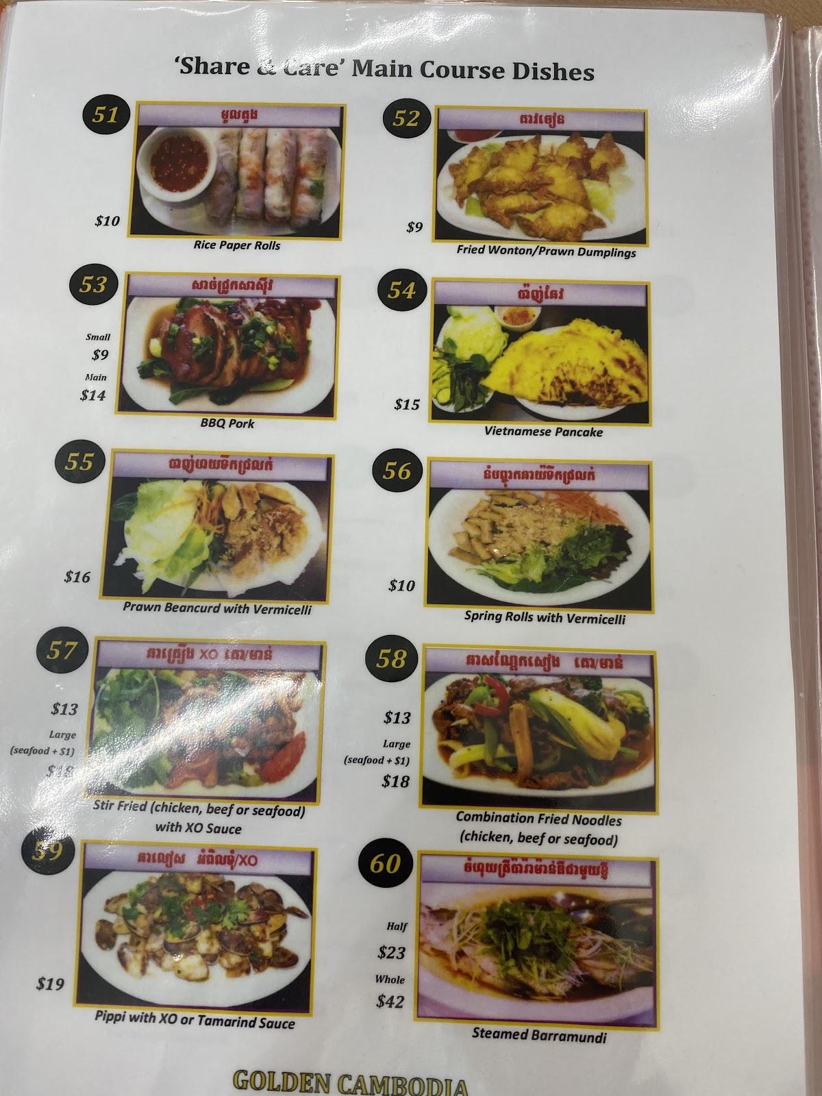 Menu at Golden Cambodian restaurant, Hampton Park