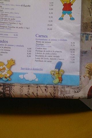 Menu at Los Simpson restaurant, Ibiza