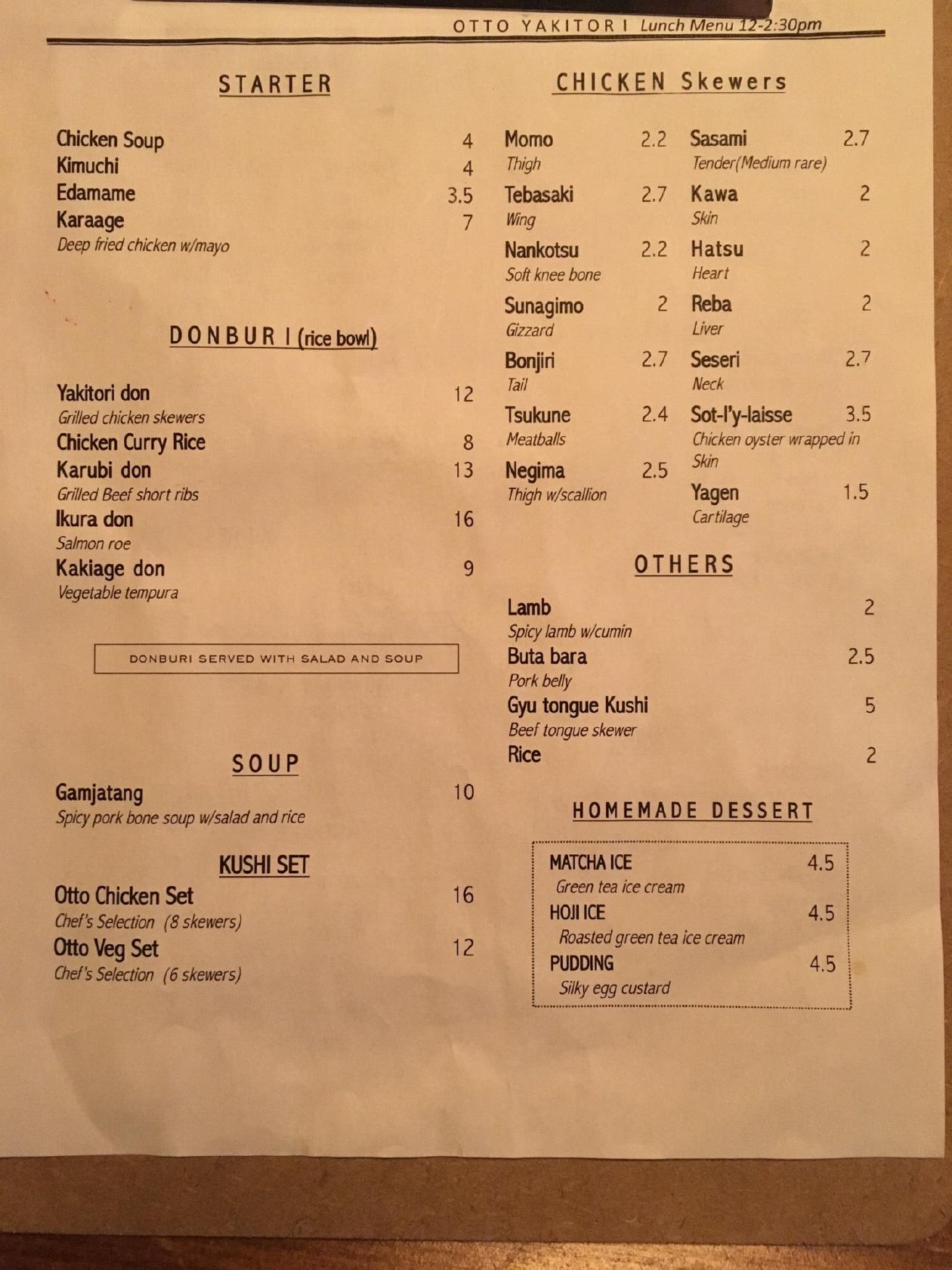 Menu at Otto Yakitori Izakaya restaurant, Montréal