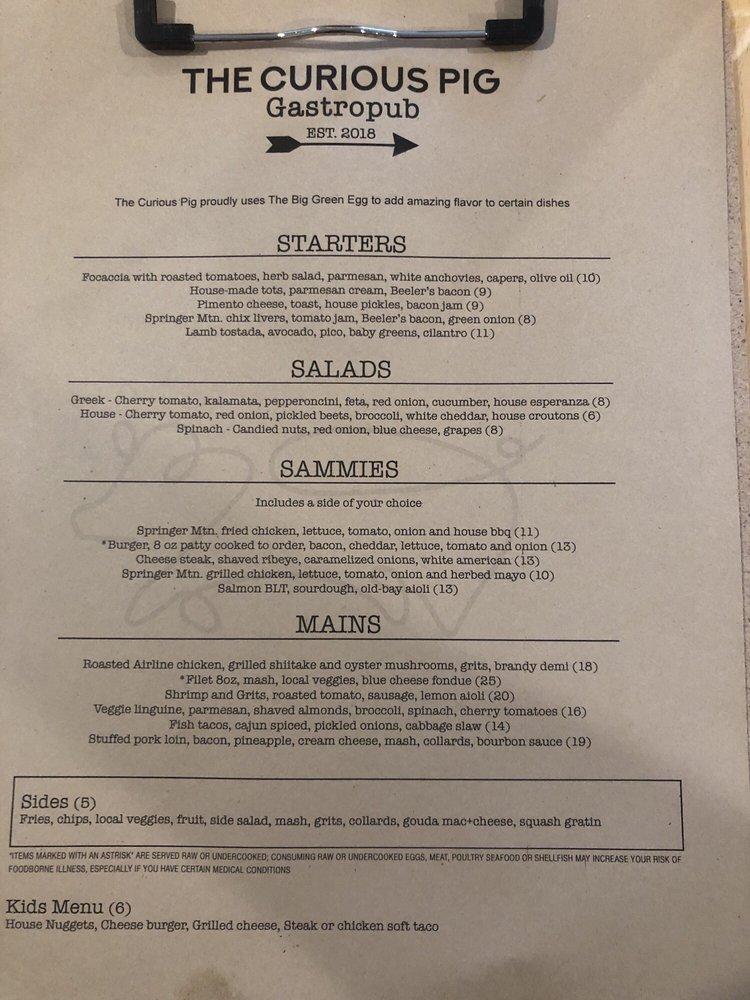 Menu at The Curious Pig pub & bar, Peachtree City
