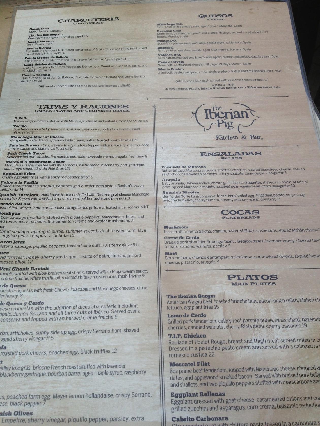 Menu at The Iberian Pig restaurant, Decatur, 121 Sycamore St