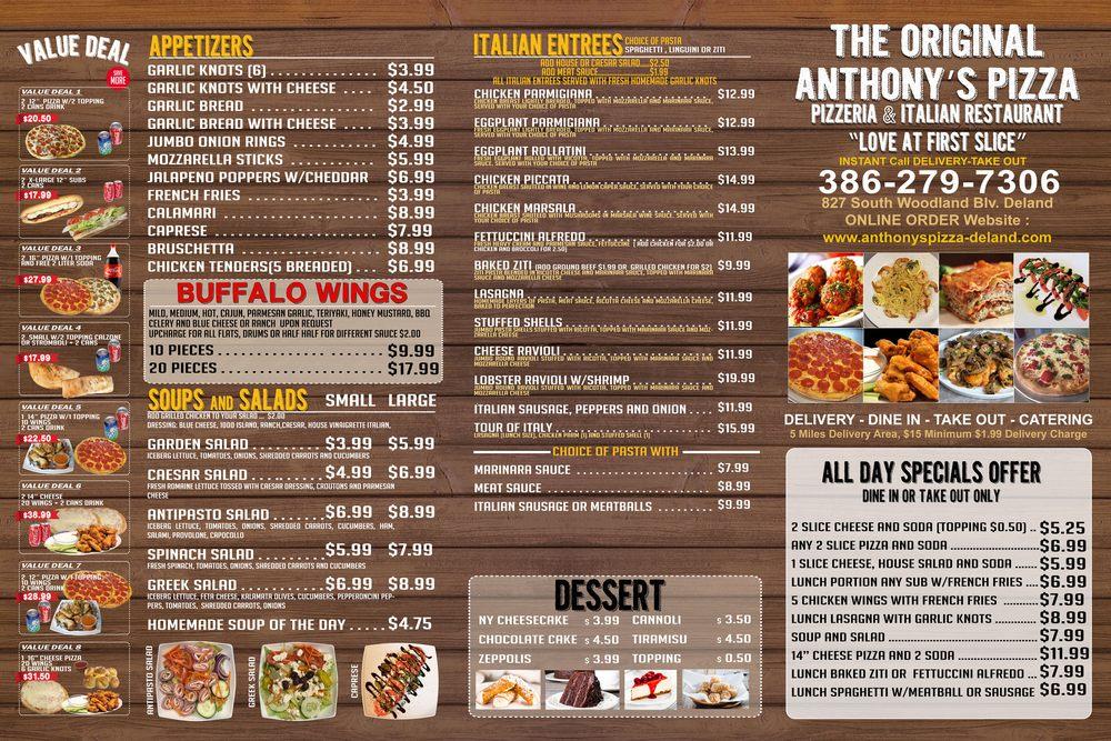 Menu at The Original Anthony's Pizza restaurant, DeLand