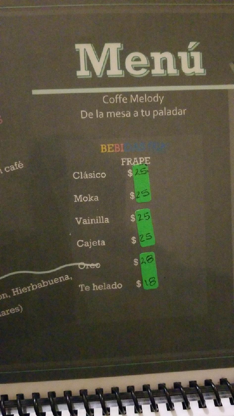 Menu at Cafeteria "Melody", Tetela del Volcán