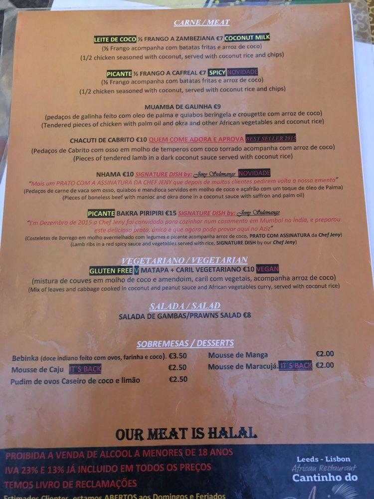 Menu at Cantinho do Aziz restaurant, Lisbon