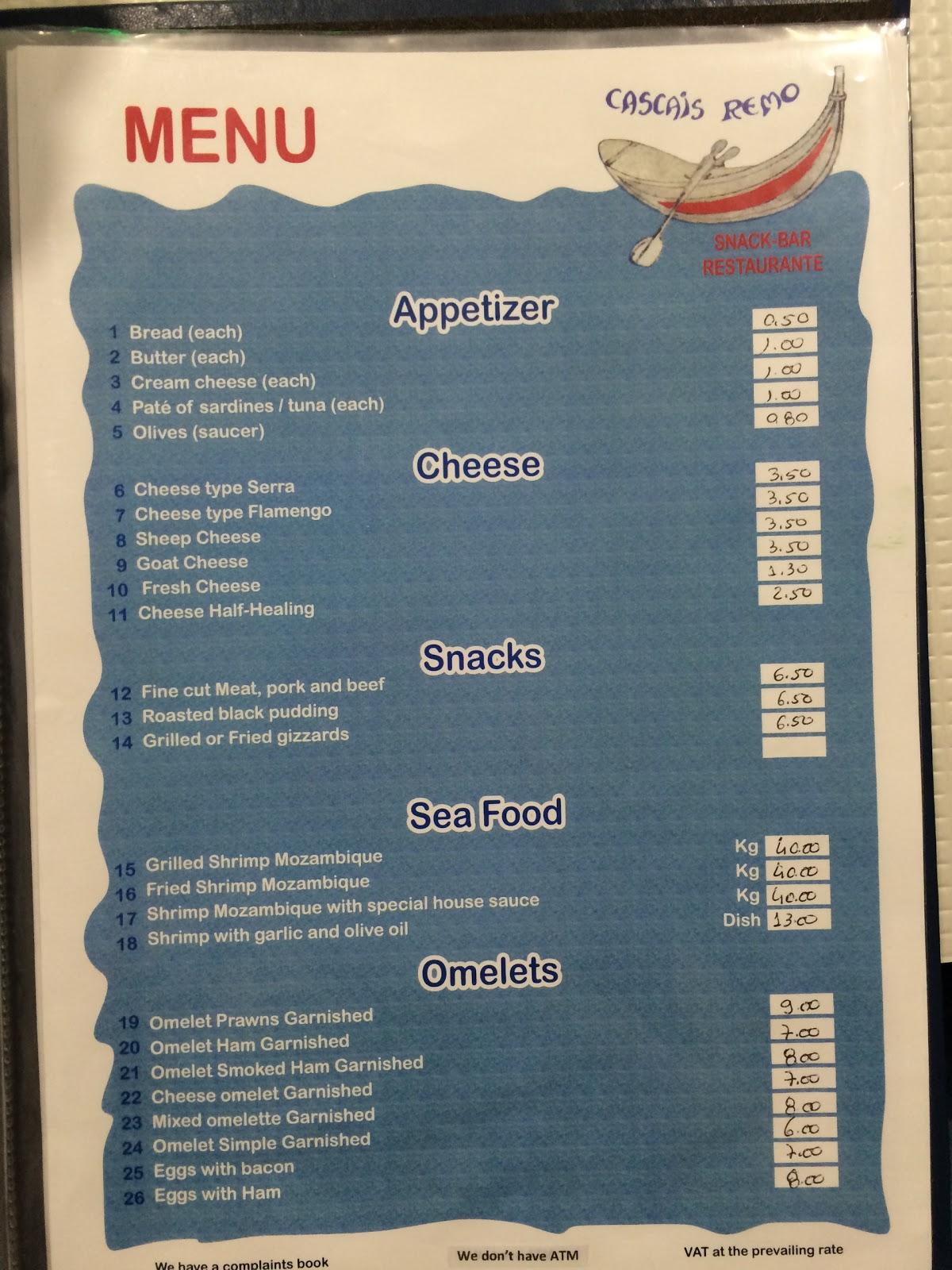 Menu at Cascais Remo pub & bar, Lisbon