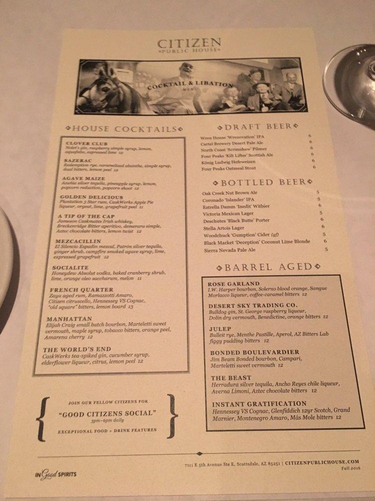 Menu at Citizen Public House, Scottsdale