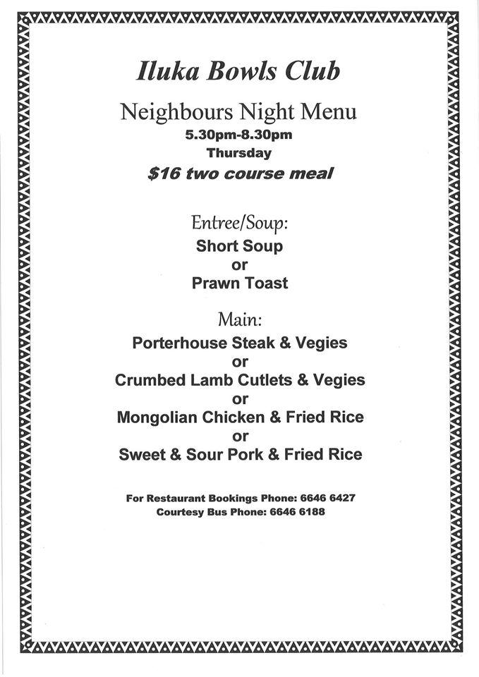 Menu at Club Iluka, Iluka