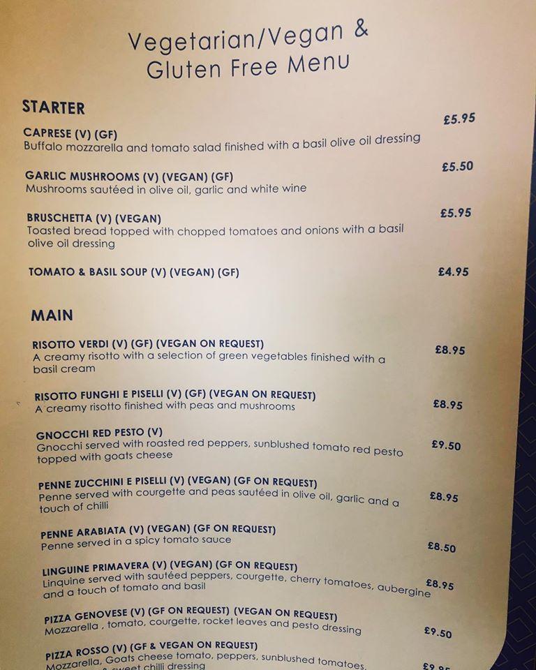 Menu at Babbo Cucina Italiana restaurant, Manchester