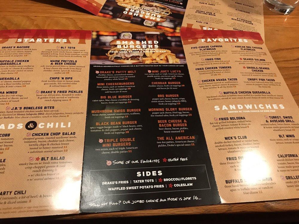 Menu at Drake’s Keystone restaurant, Indianapolis