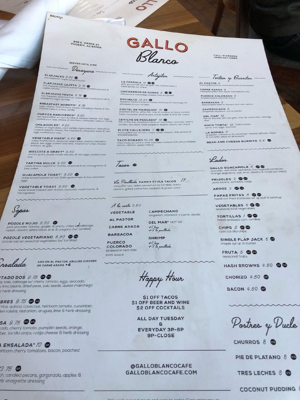 Menu at Gallo Blanco restaurant, Phoenix, 928 E Pierce St