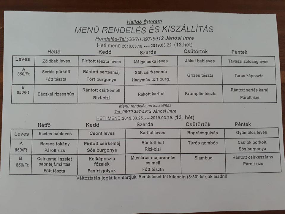 Menu at Halidó étterem restaurant, Hajdúnánás