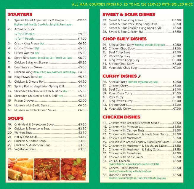 Menu at Ho Kee Chinese restaurant, Tralee