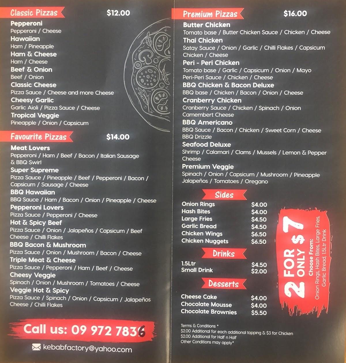 Menu at KEBAB & PIZZA FACTORY restaurant, Ruakaka