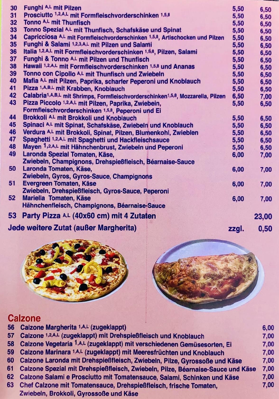 Menu at Pizzeria Laronda, Mayen