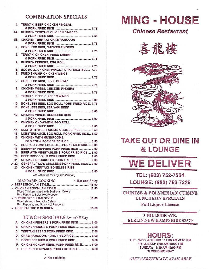 Menu at Ming House restaurant, Berlin
