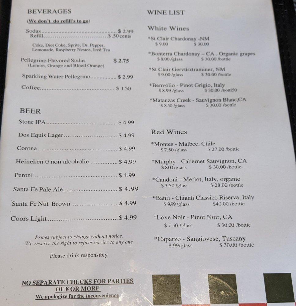 Menu at Piccolino restaurant, Santa Fe