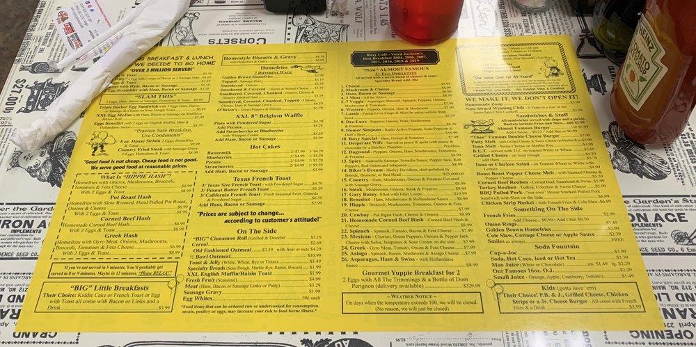 Menu at Roxy Cafe, Jackson