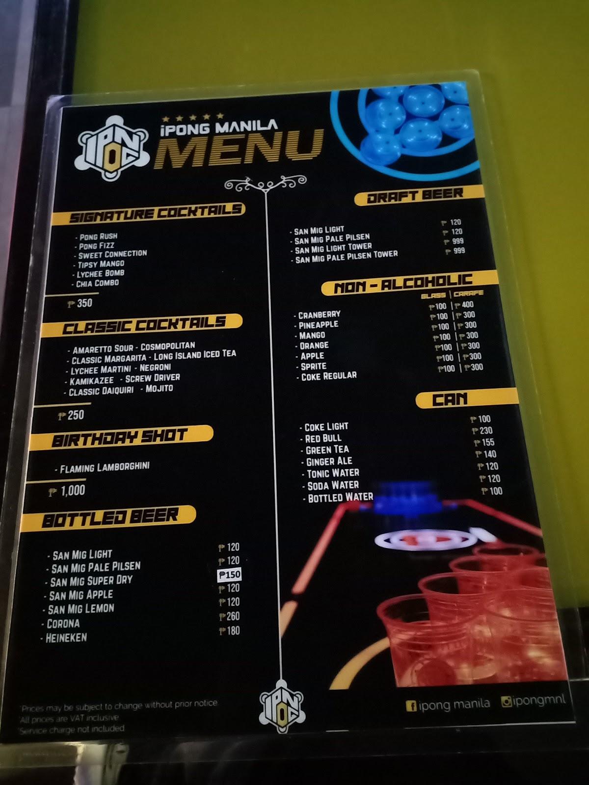 Menu at iPong Manila pub & bar, Taguig