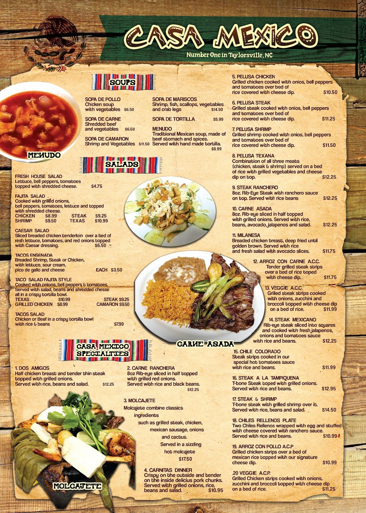 Menu at Casa Mexico restaurant, Township of Taylorsville