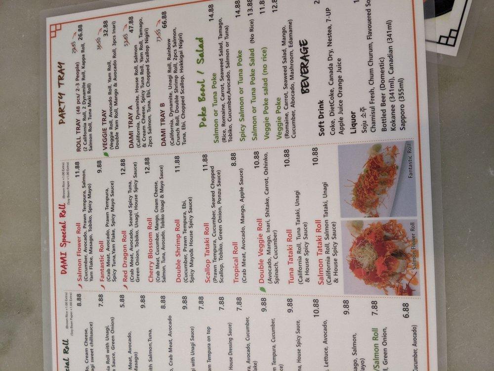 Menu at Dami Sushi & Korean restaurant, Vancouver