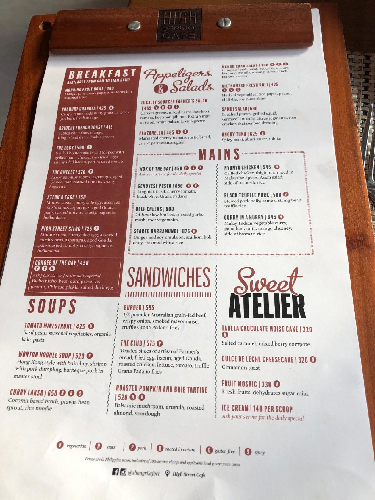 Carta de High Street Cafe, Taguig