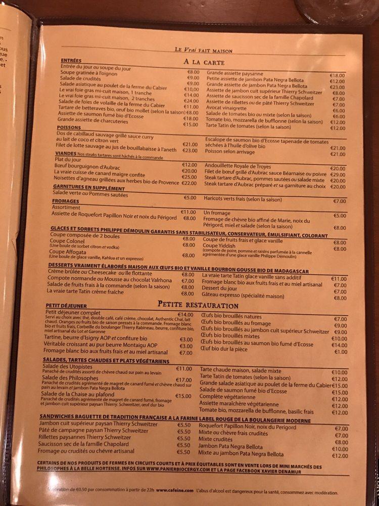 Menu at Les Philosophes restaurant, Paris, 28 Rue Vieille du Temple