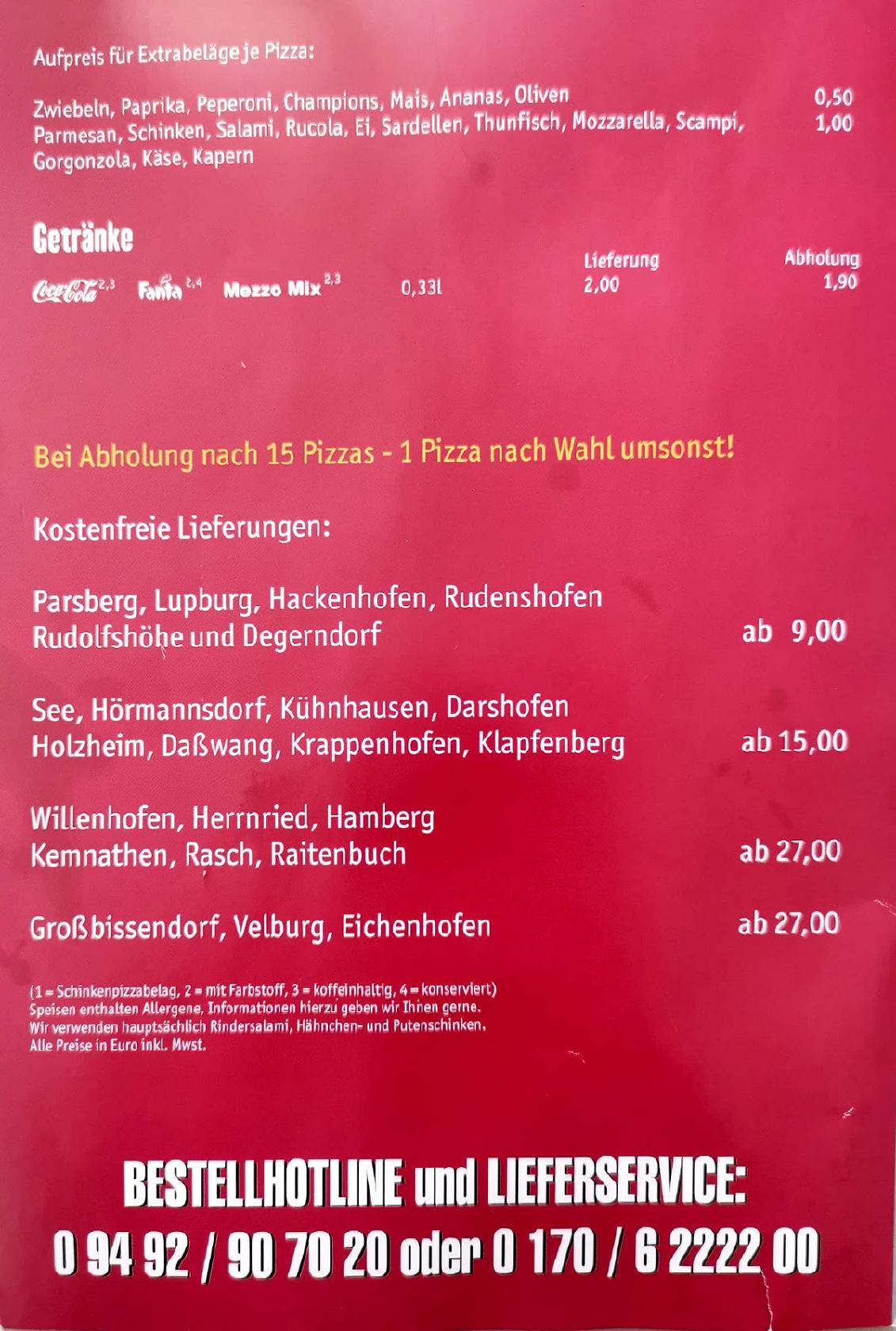 Speisekarte von Pizza & Pasta Te Goni, Parsberg