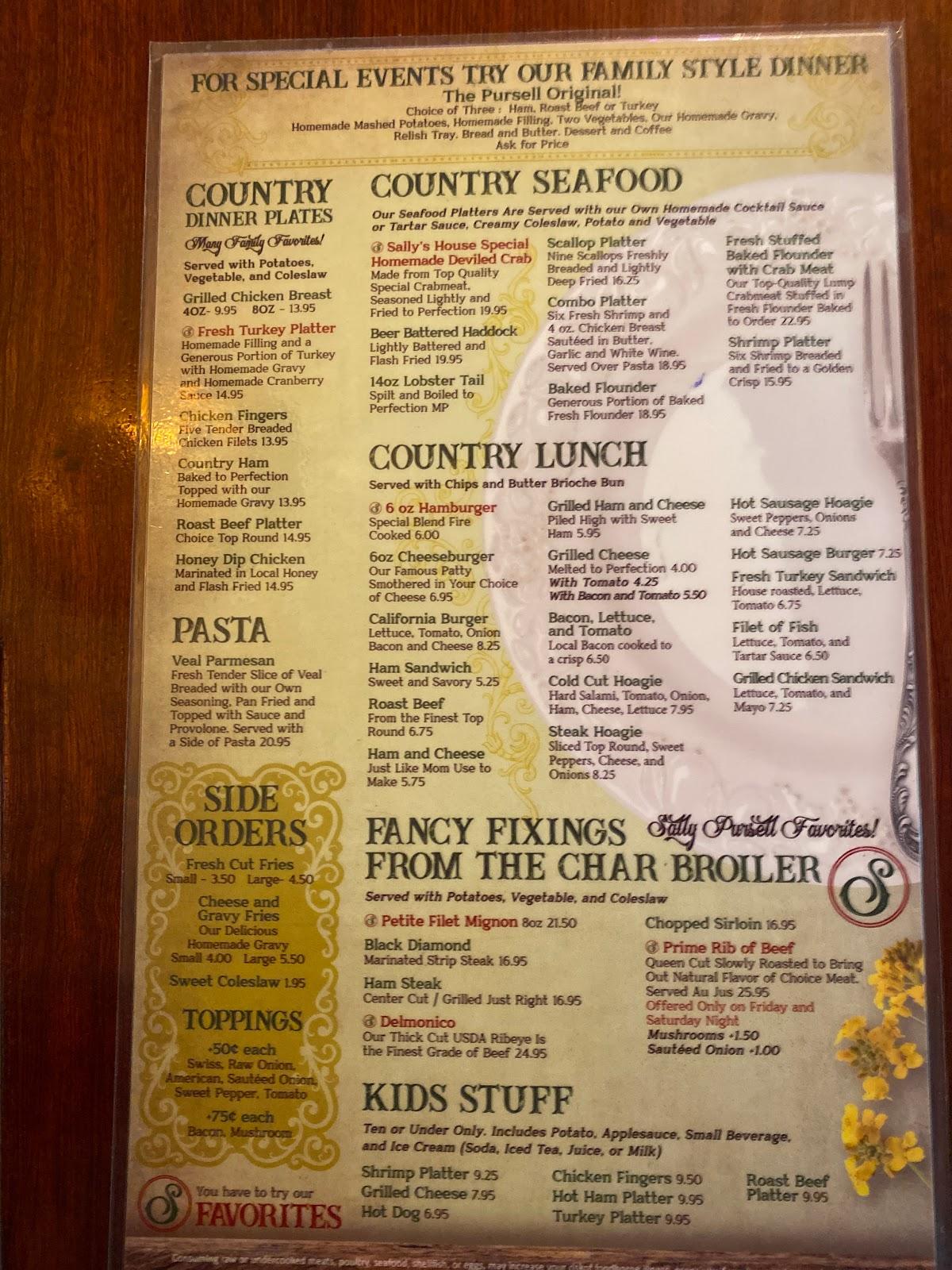 Menu at Sally Pursell's Country Inn restaurant, USA