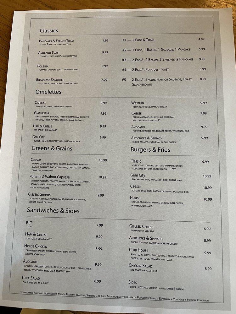 Menu at Gem City Dinor restaurant, Erie