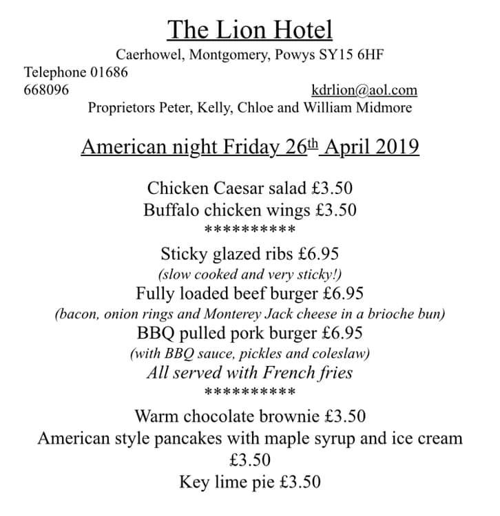 Menu at Lion Hotel pub & bar, Montgomery
