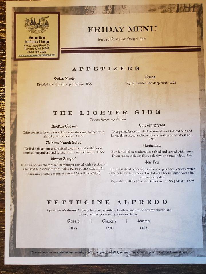 Menu at Mecan River Outfitters & Lodge restaurant, USA