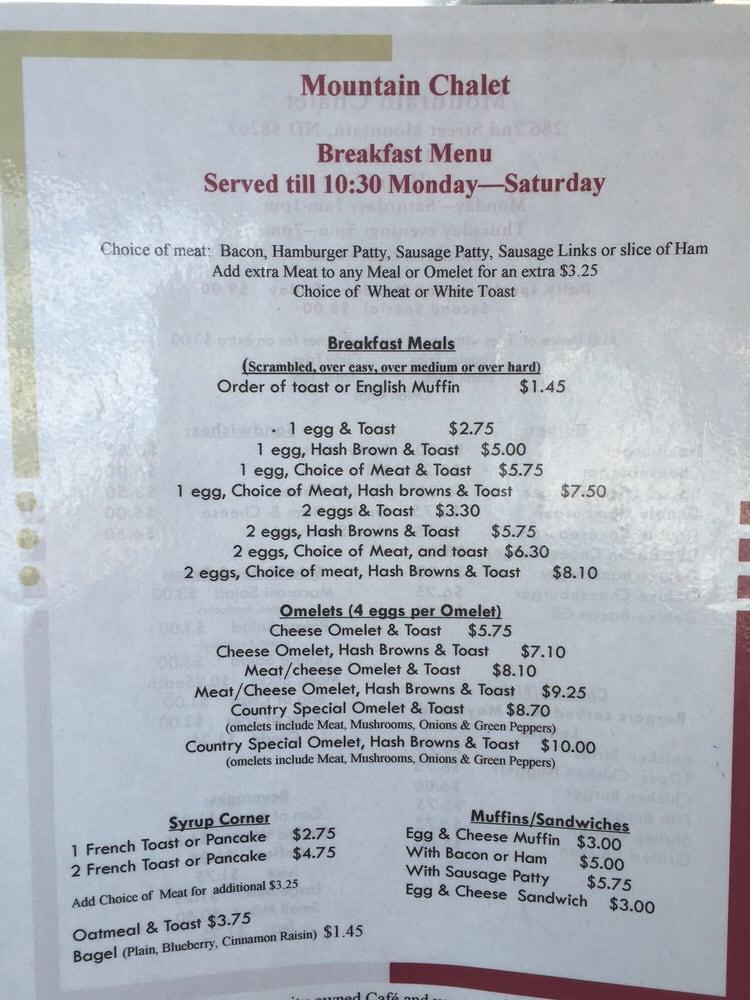 Menu at Mountain Chalet restaurant, Mountain