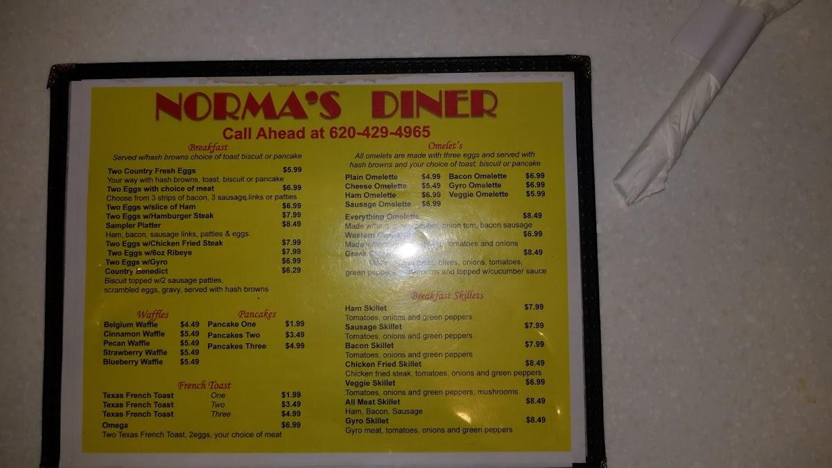 Menu at Norma's Diner restaurant, Columbus, 126 S Kansas Ave