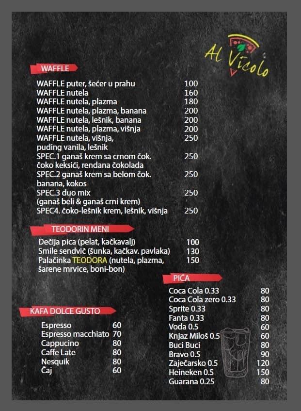 Menu at Al Vicolo restaurant, Borča