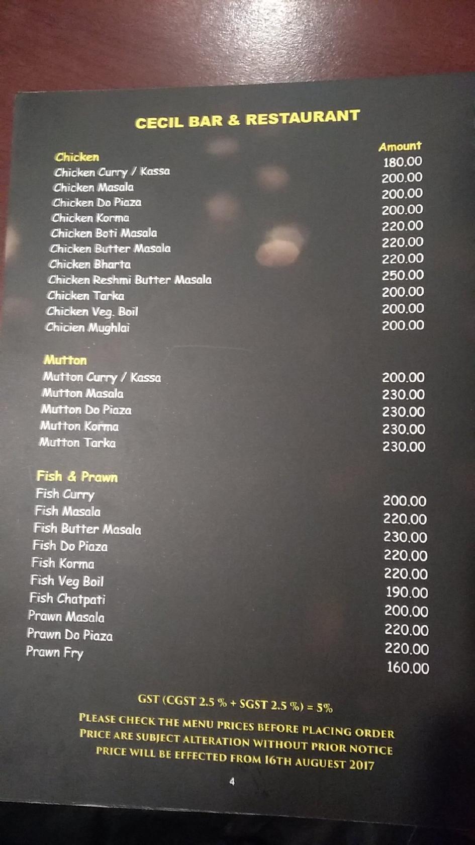 Menu at Cecil Bar & Restaurant, Kolkata