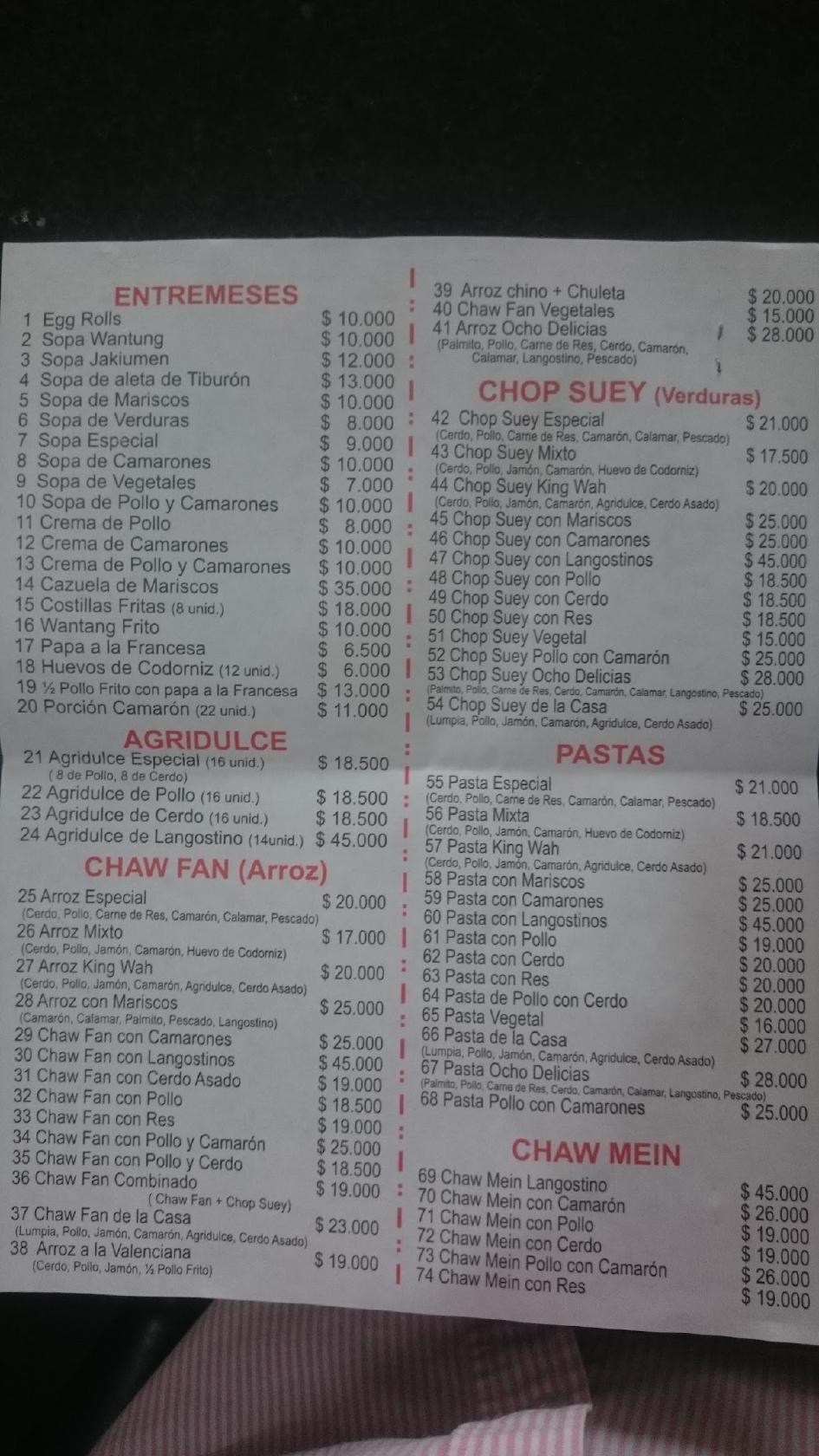 Menu at Restaurante Kin Wah, Bogotá