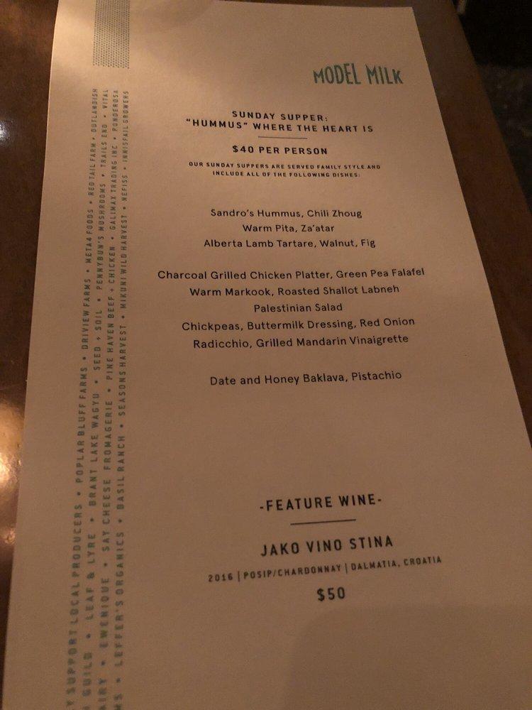 Menu at Model Milk restaurant, Calgary