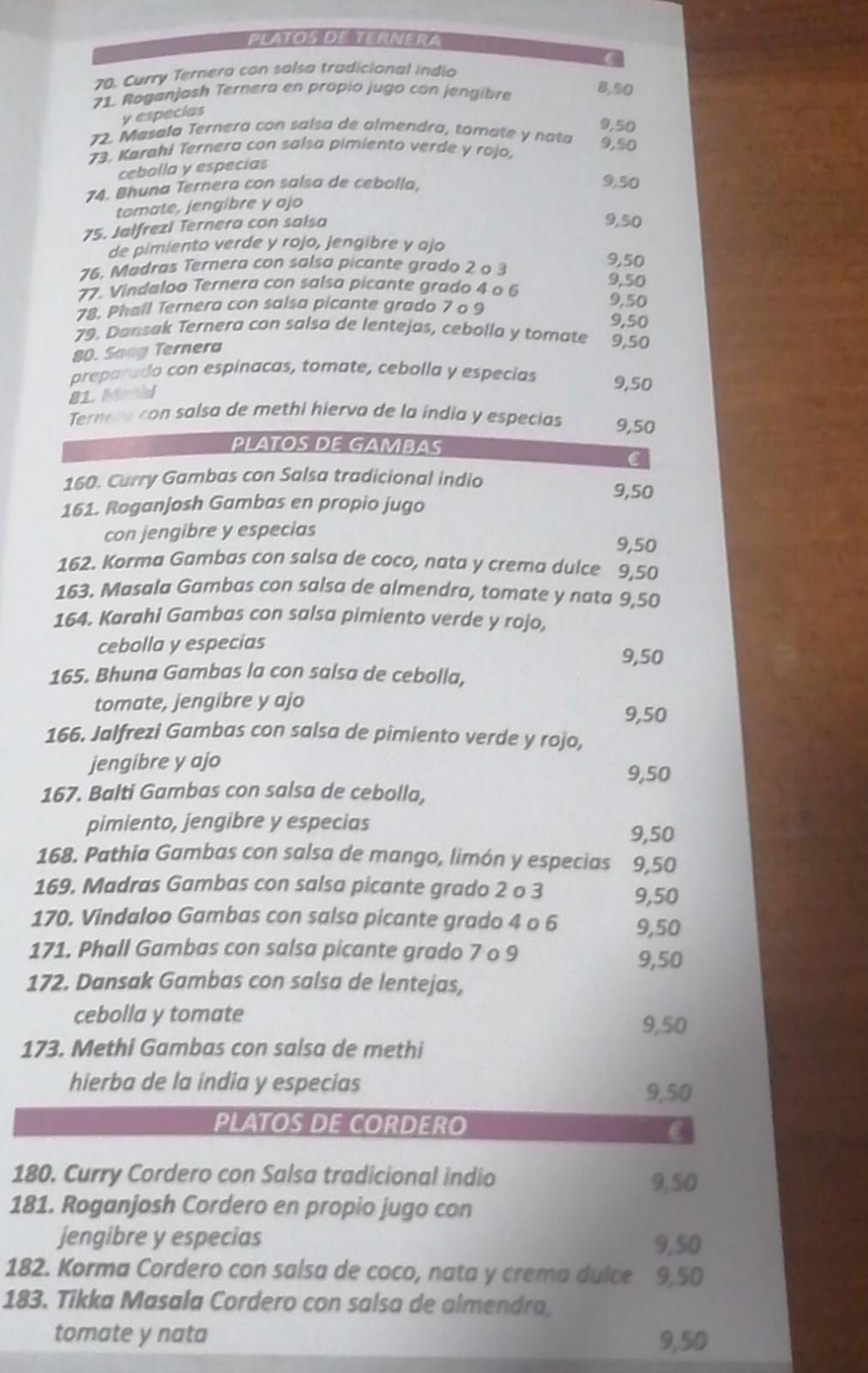 Carta del restaurante Royal Palace, Oliva